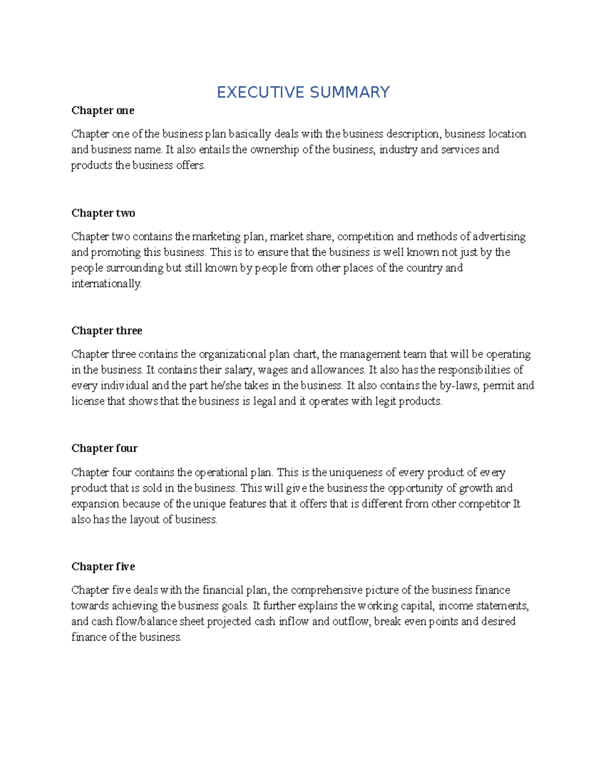 Executive Summary - EXECUTIVE SUMMARY Chapter one Chapter one of the ...