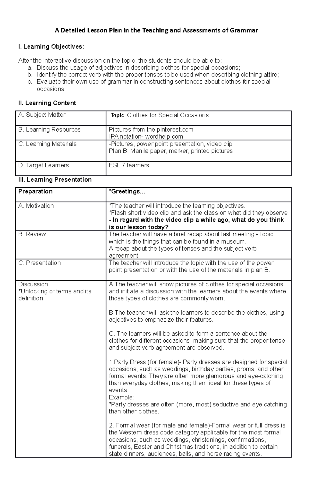 Clothes-1 - Example - A Detailed Lesson Plan in the Teaching and ...