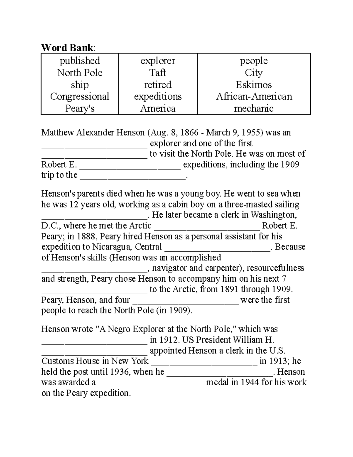 - Matthew Henson worksheet - Word Bank: published North Pole ship ...