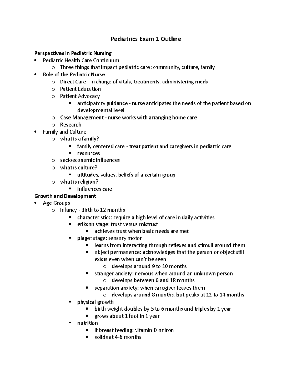 Peds Exam 1 Outline - Pediatrics Exam 1 Outline Perspectives in ...