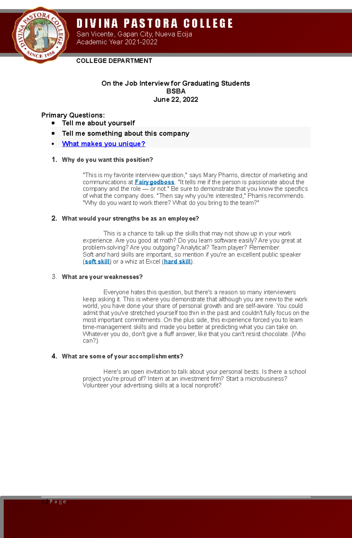 On the Job Interview for Graduating Students - BSBA students - COLLEGE ...