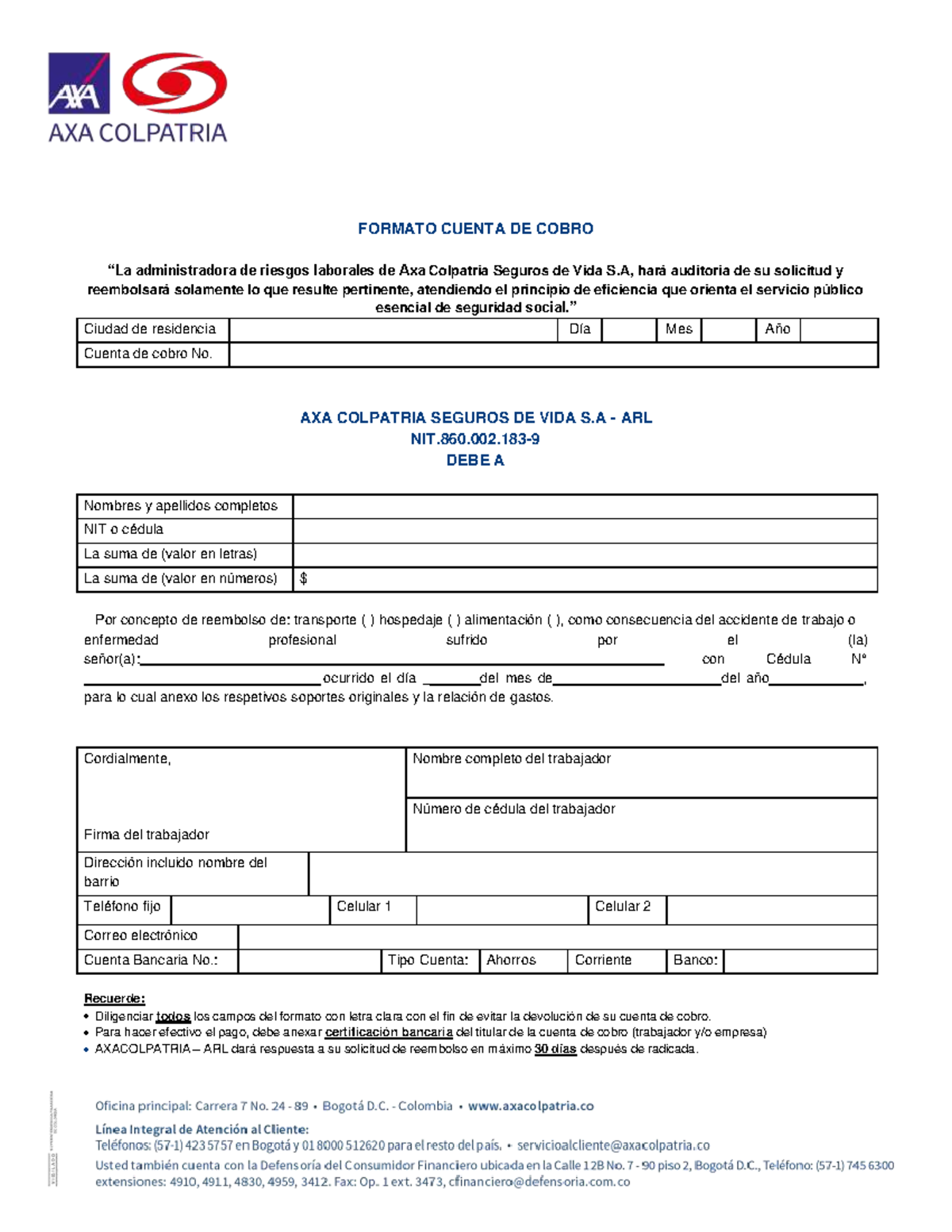 Formato-reembolso-arl - FORMATO CUENTA DE COBRO “La administradora de ...