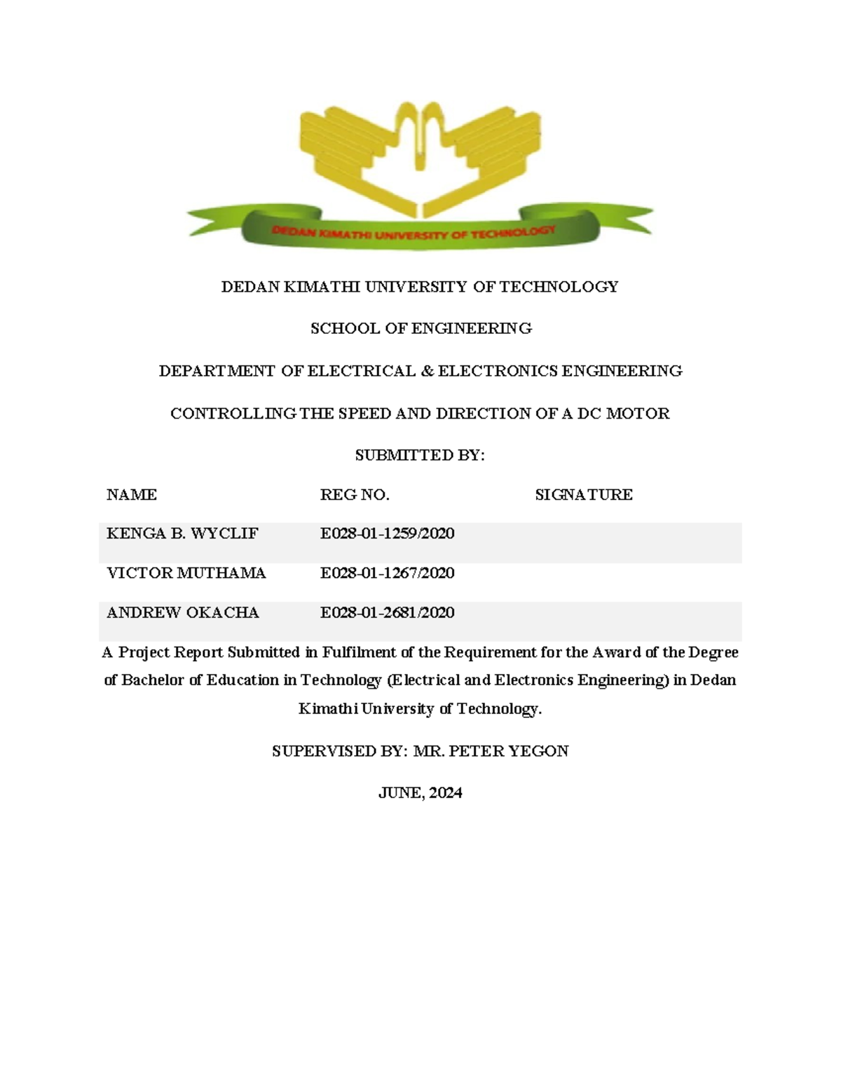 LAST Project - I do diploma electrical and electronics engineering - DEDAN KIMATHI UNIVERSITY OF ...