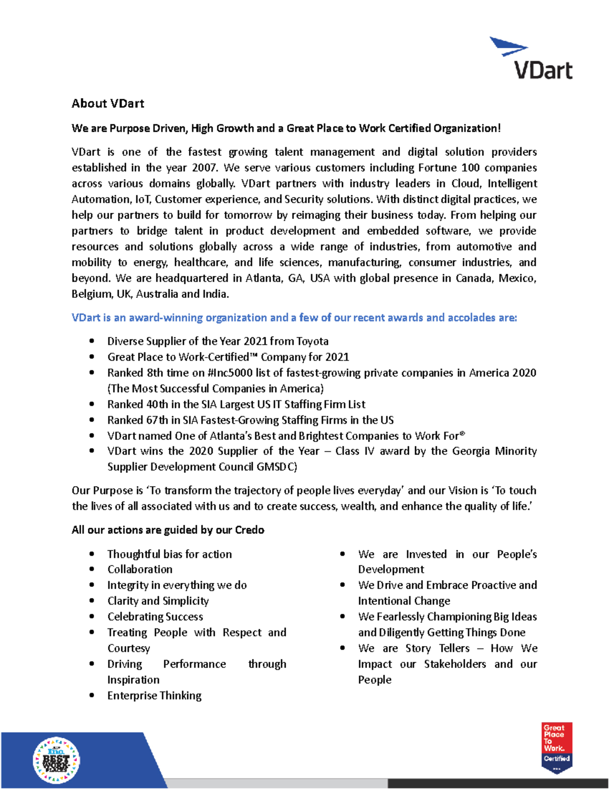 About VDart - Description - About VDart We are Purpose Driven, High ...