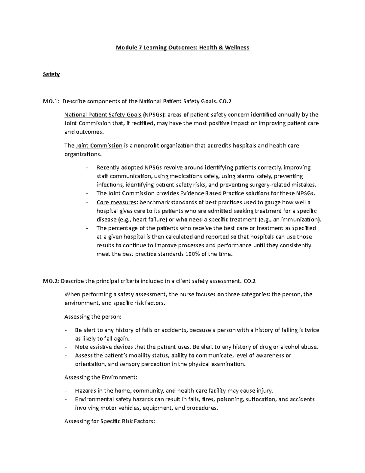 Module 7 Outcomes - Notes - Module 7 Learning Outcomes: Health ...
