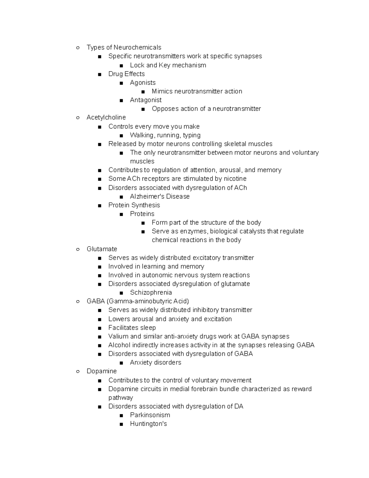 Lecture Eight - Synapses III - Types of Neurochemicals Specific ...