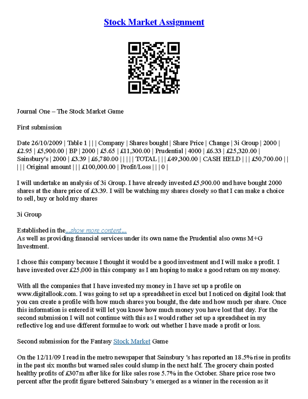 Stock Market Game Essay - Stock Market Assignment Journal One – The ...