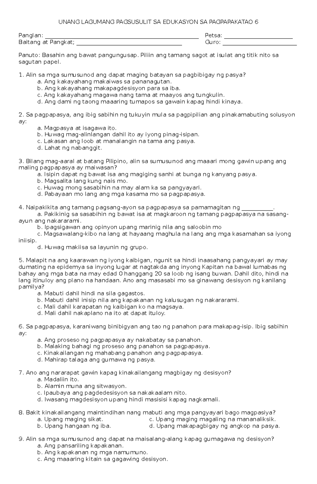 1st ST-ESP - Summative in Edukayon sa Pagpapakatao for grade 6. - UNANG ...