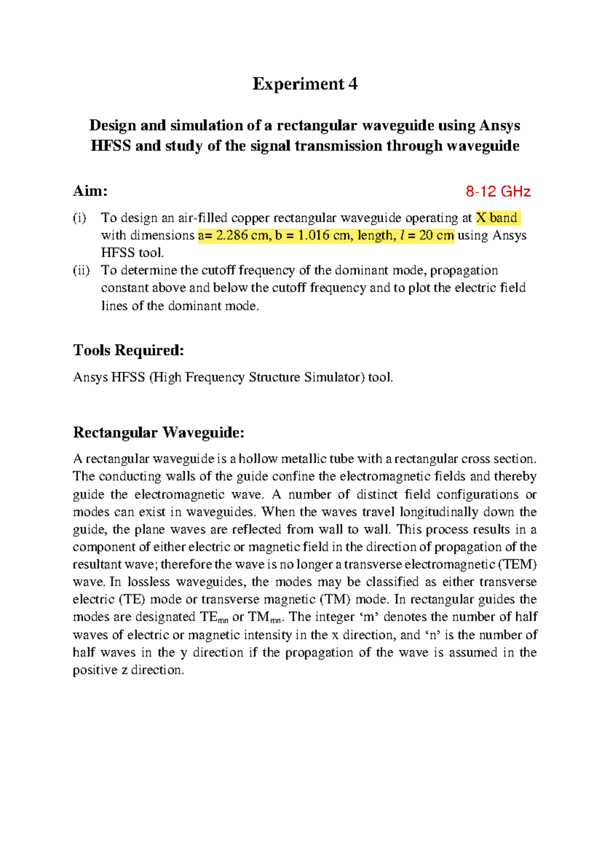 Rectangular Waveguide - (ii) To determine the cutoff frequency of the ...