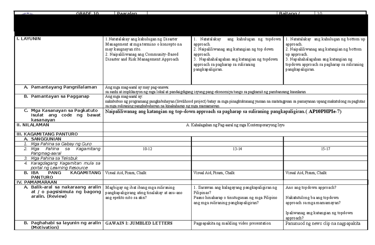 DLL Grade 10 Q1 W4 - ARALING PANLIPUNAN 10 - I. LAYUNIN 1 ang kahulugan ng Disaster Management ...