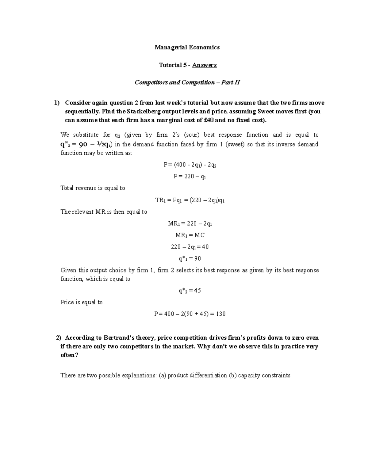 Tutorial 5 - 2016 - Answers - Managerial Economics Tutorial 5 - Answers ...