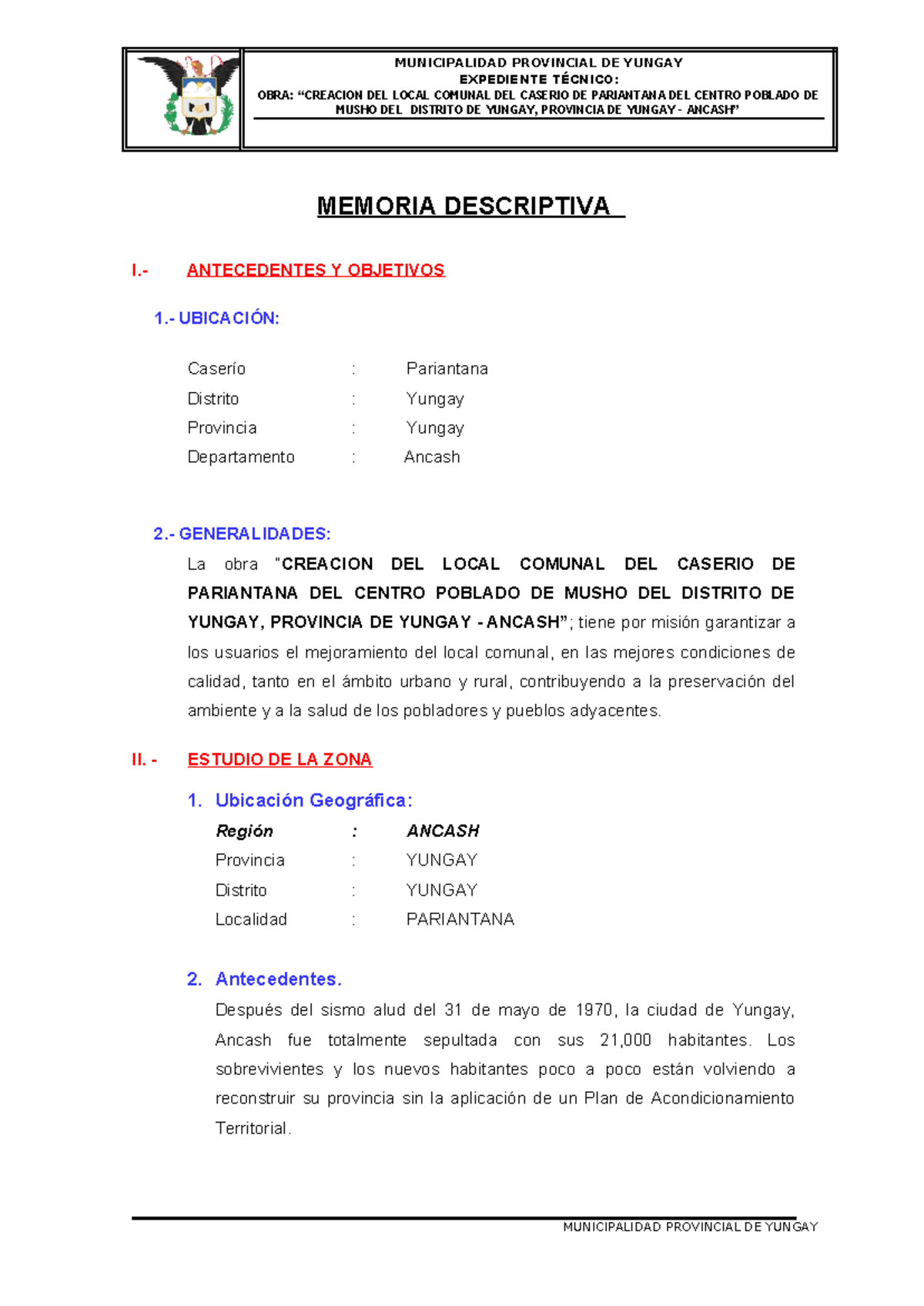 Memoria Descripitiva Pariantana - EXPEDIENTE TÉCNICO: OBRA: “CREACION DEL LOCAL COMUNAL DEL ...