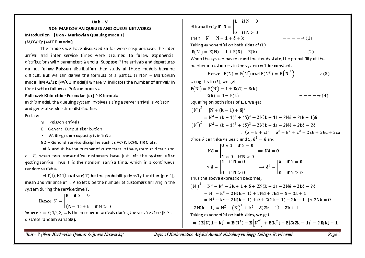 Unit V Advanced Queueing Models Unit V Non Markovian Queues And 6682