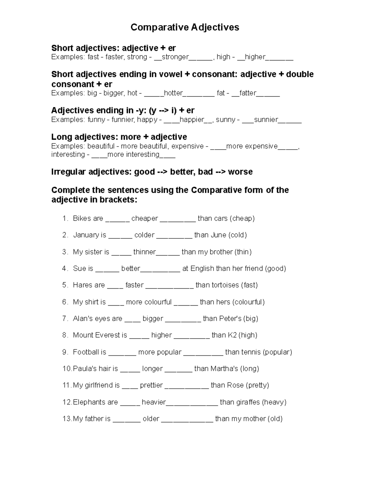 Comparatives adjectives - Comparative Adjectives Short adjectives ...