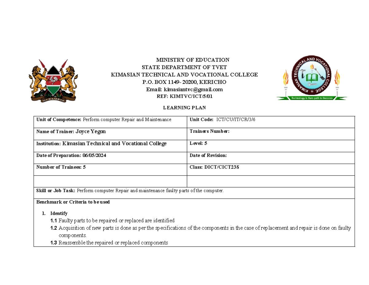 Learning PLAN - Tvet resources - MINISTRY OF EDUCATION STATE DEPARTMENT ...