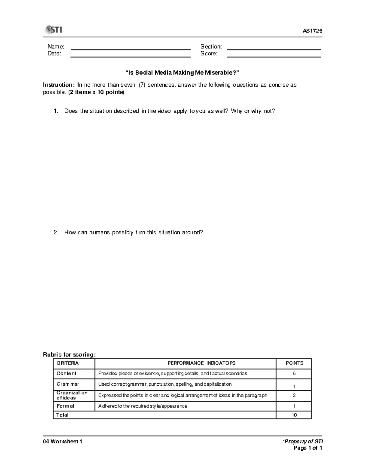 04 Worksheet 1 - AS 04 Worksheet 1 *Property of STI Page 1 of 1 Name ...