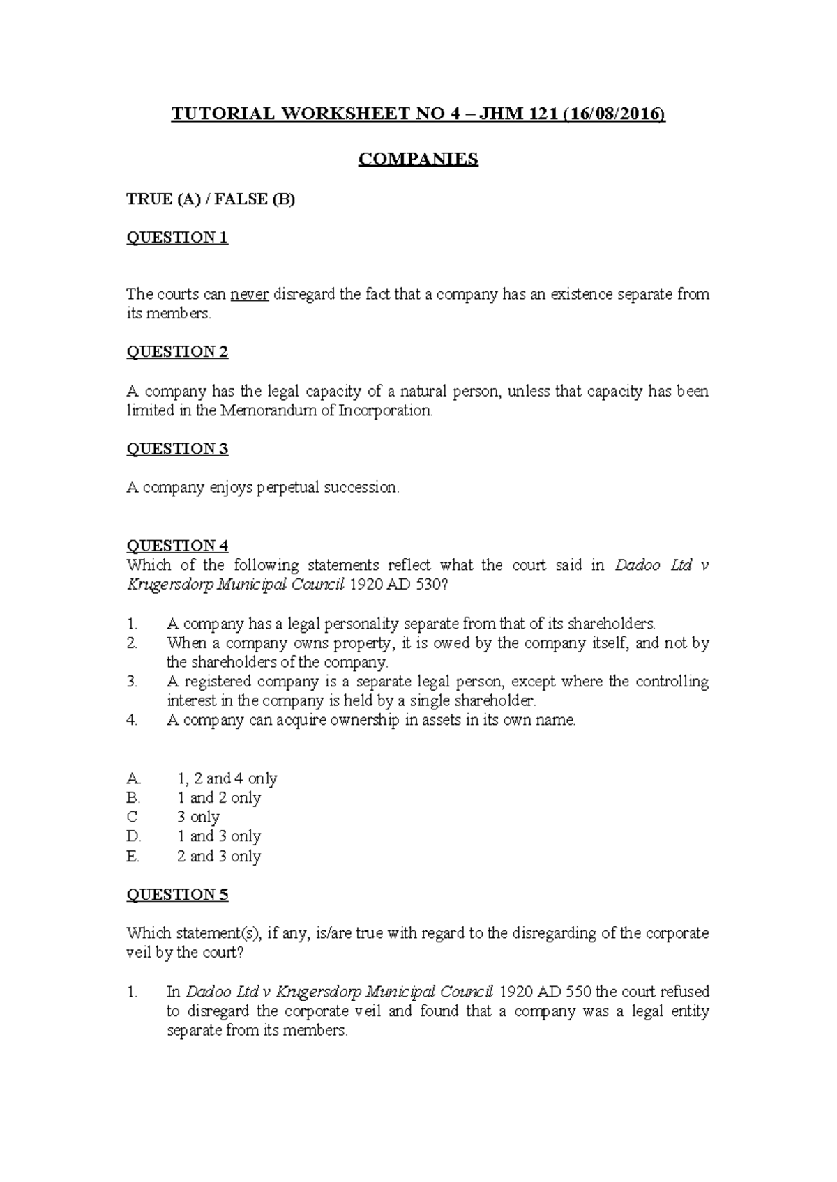 JHM121 - Tutorial Worksheet NO 4 (Companies) - TUTORIAL WORKSHEET NO 4 ...