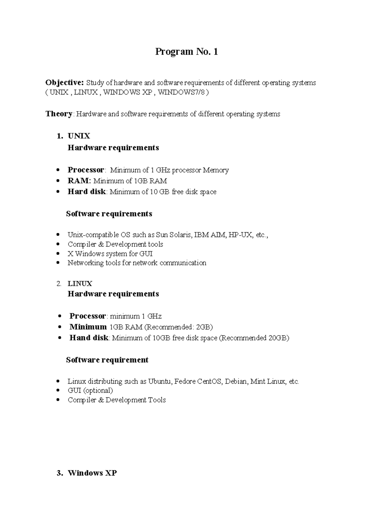 OS 1st experiment - Program No. 1 Objective: Study of hardware and software requirements of ...