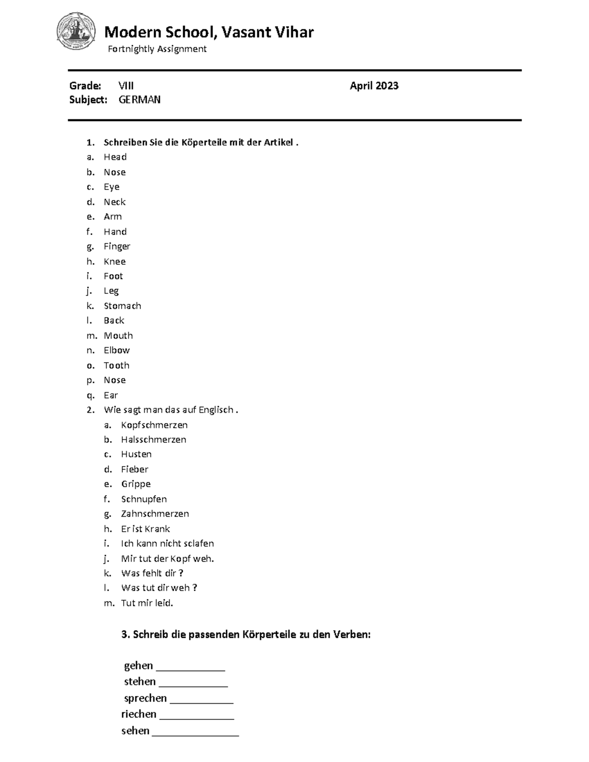 German Assignment for Grade VIII - Modern School, Vasant Vihar Fortnightly Assignment Grade ...