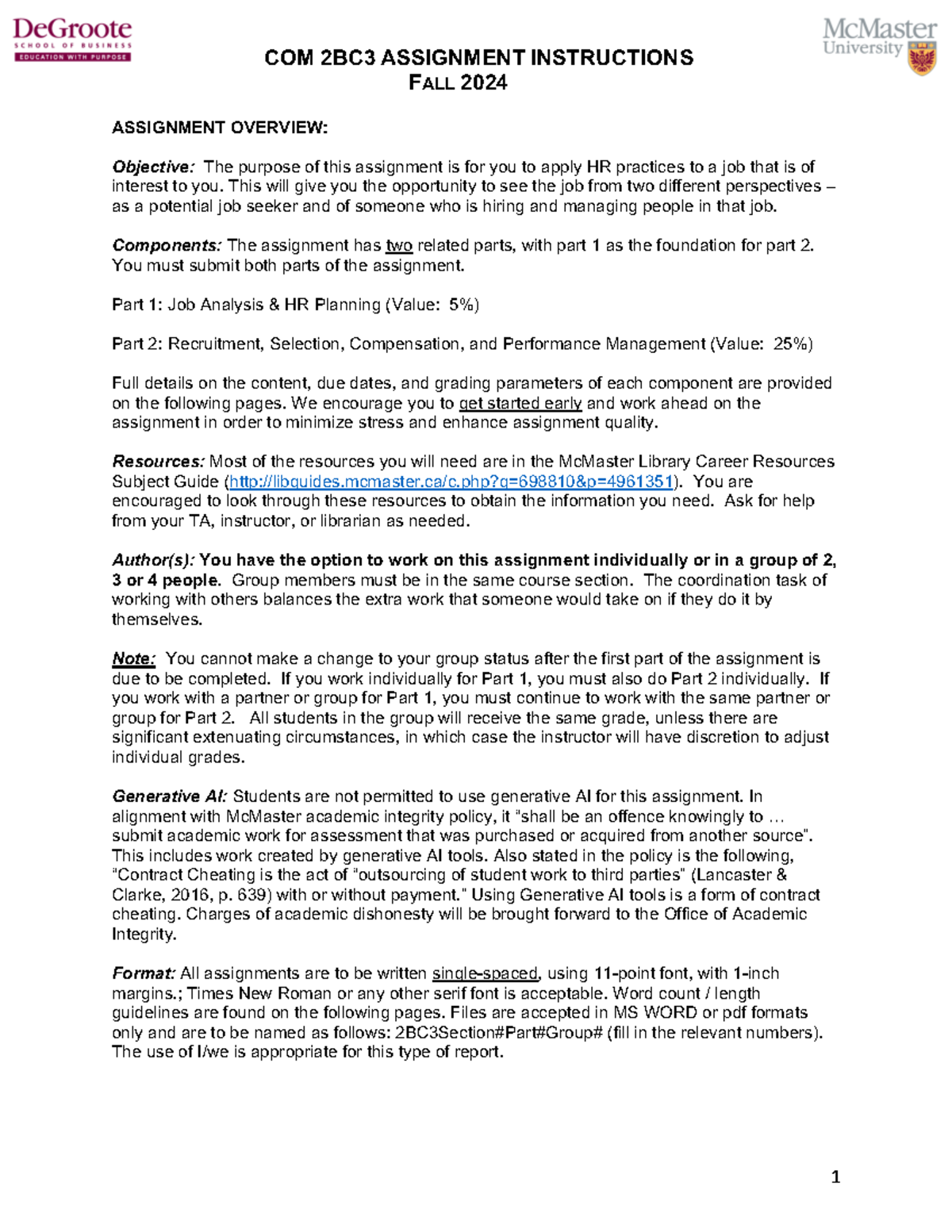 COMM 2BC3 Assignment Guidelines - final - COM 2BC3 ASSIGNMENT INSTRUCTIONS F ALL 2024 ASSIGNMENT ...