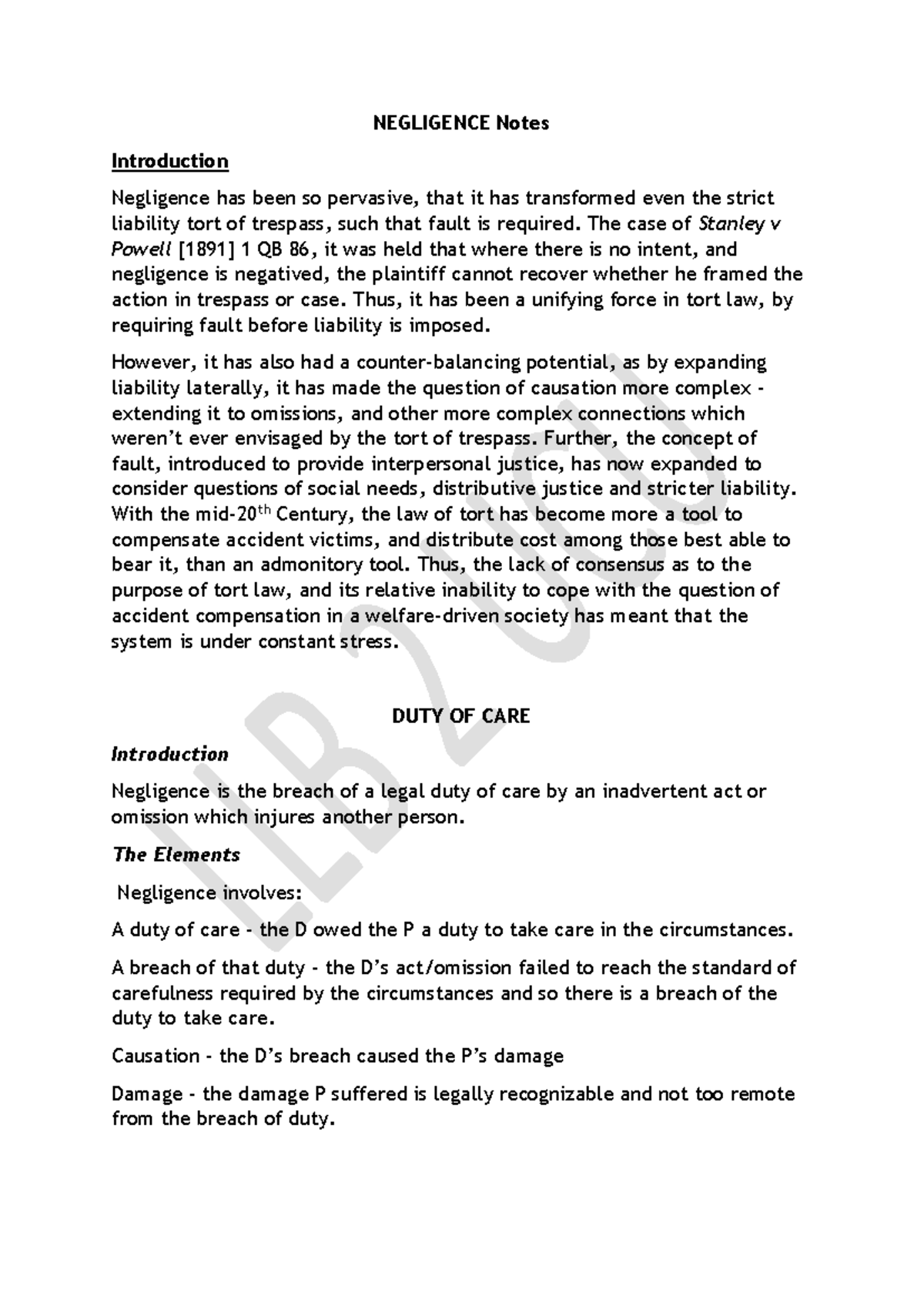 Negligence Notes - FULL NOTED ON NEGLIENCE AND STRICT LIABILITY ...
