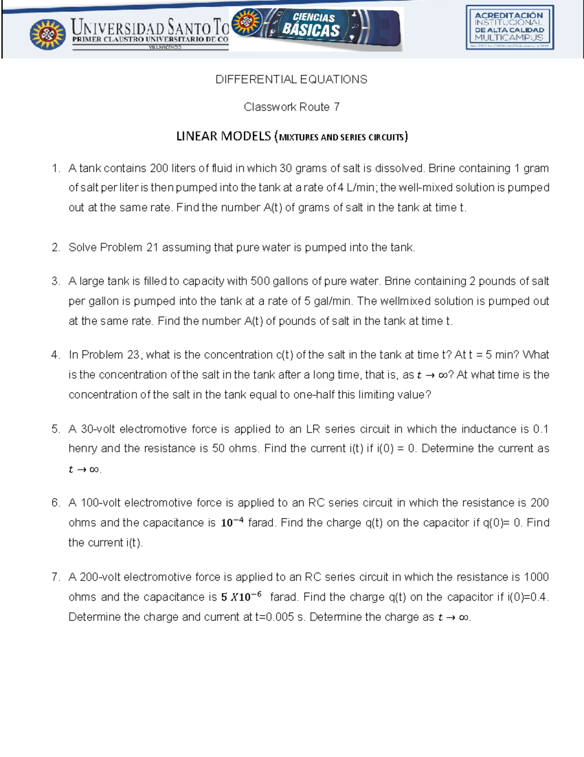 Classwork Route 7 - DIFFERENTIAL EQUATIONS Classwork Route 7 LINEAR ...