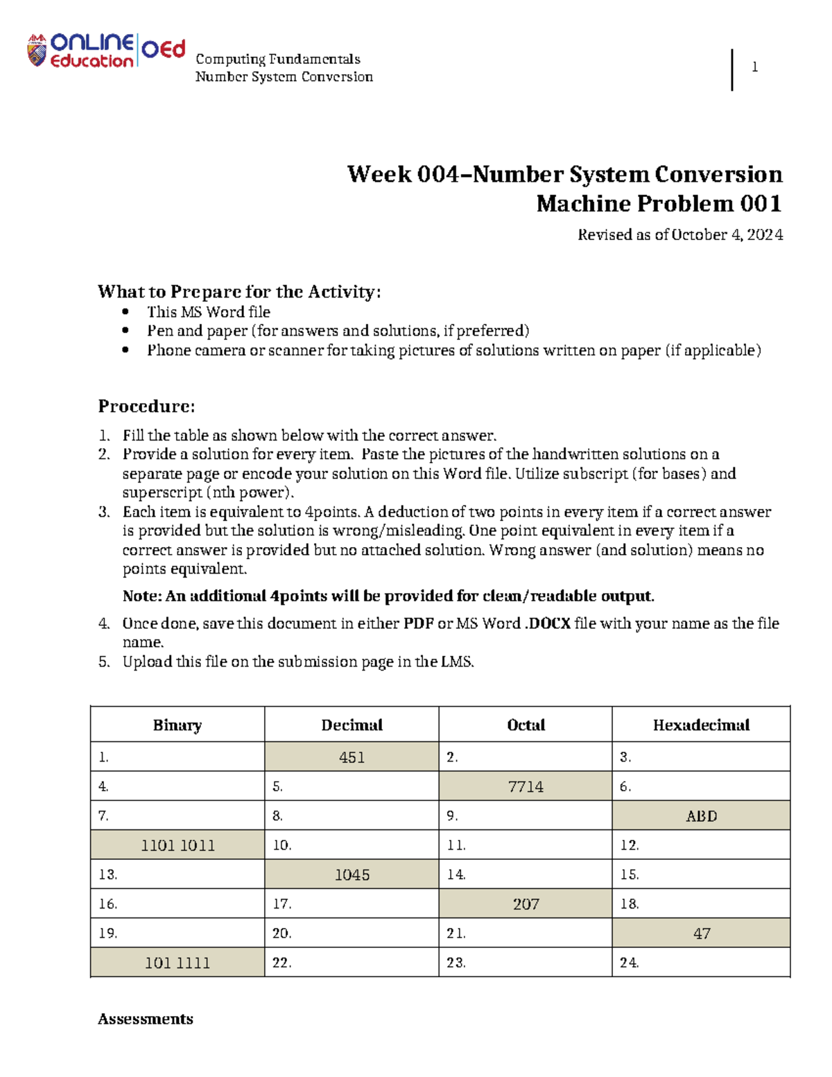 Week004 Machine Problem 001 revised 1 - Computing Fundamentals Number ...