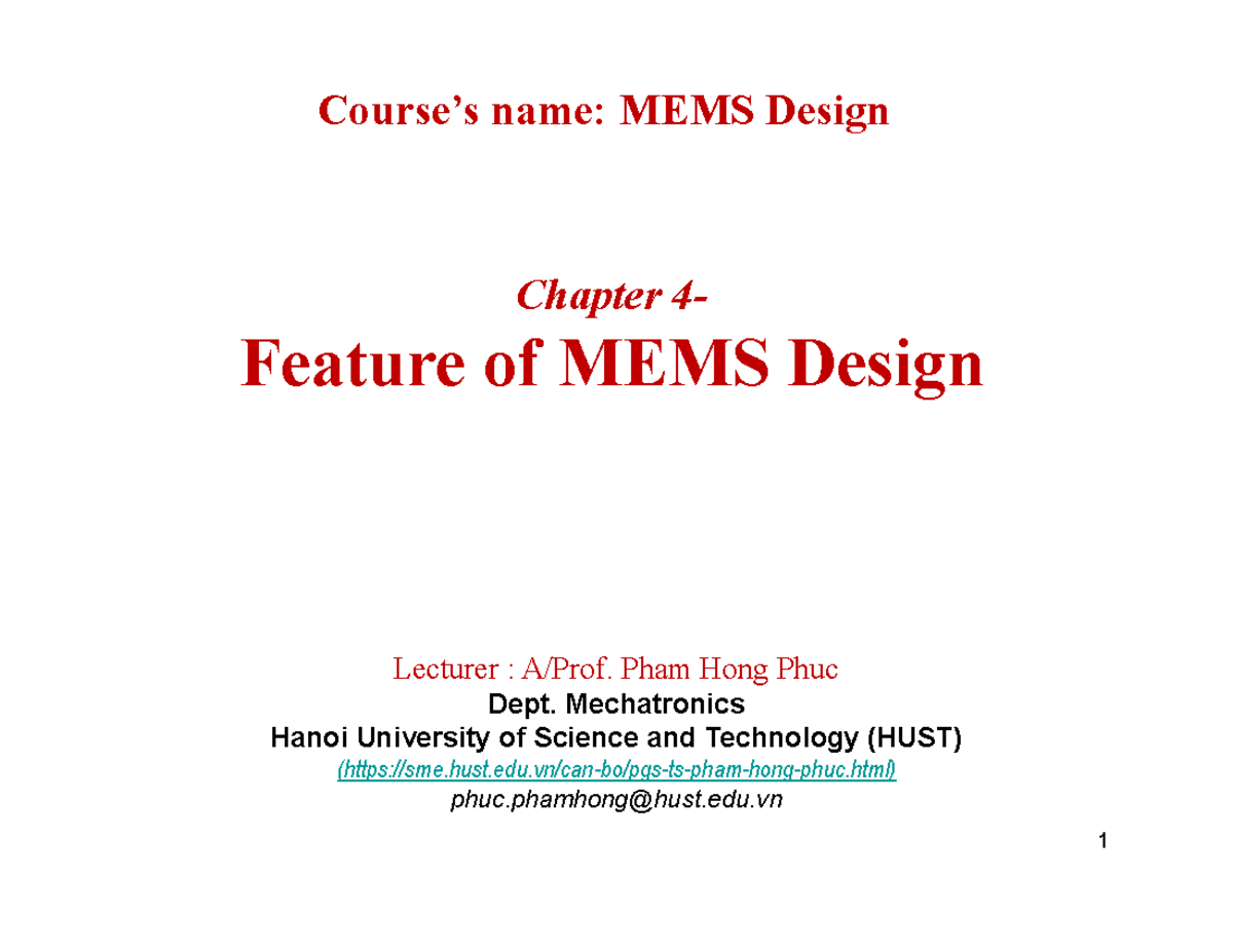 MEMS Design Chap 4 - Feature of MEMS Design-New - Chapter 4- Feature of MEMS Design Course’s ...