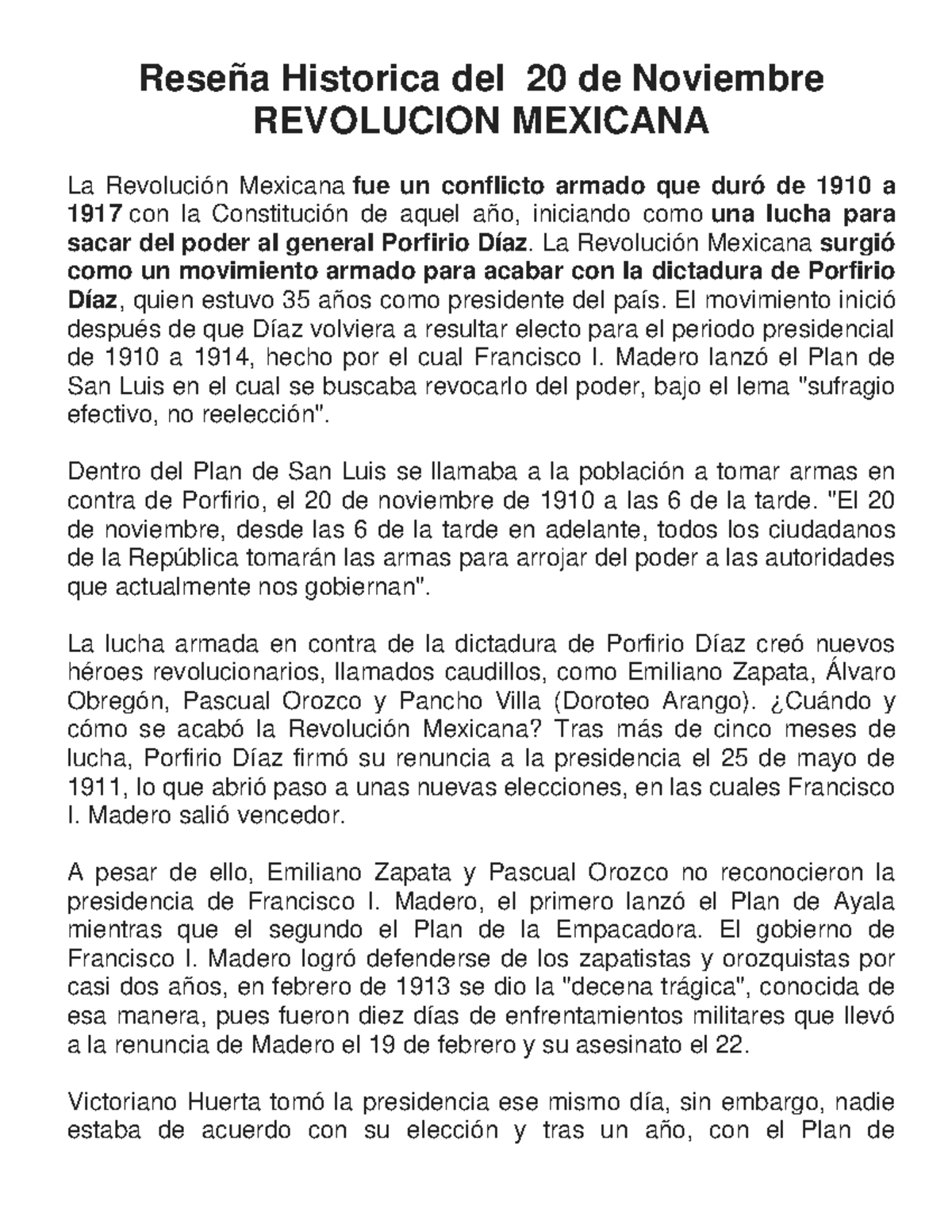 Reseña 20 DE NOV - Etica - Reseña Historica del 20 de Noviembre REVOLUCION MEXICANA La ...