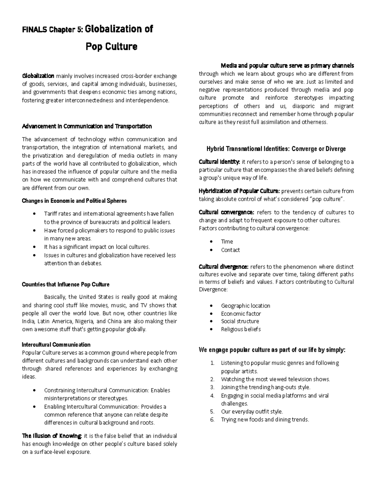 Handouts Globalization of Pop Culture - FINALS Chapter 5: Globalization ...