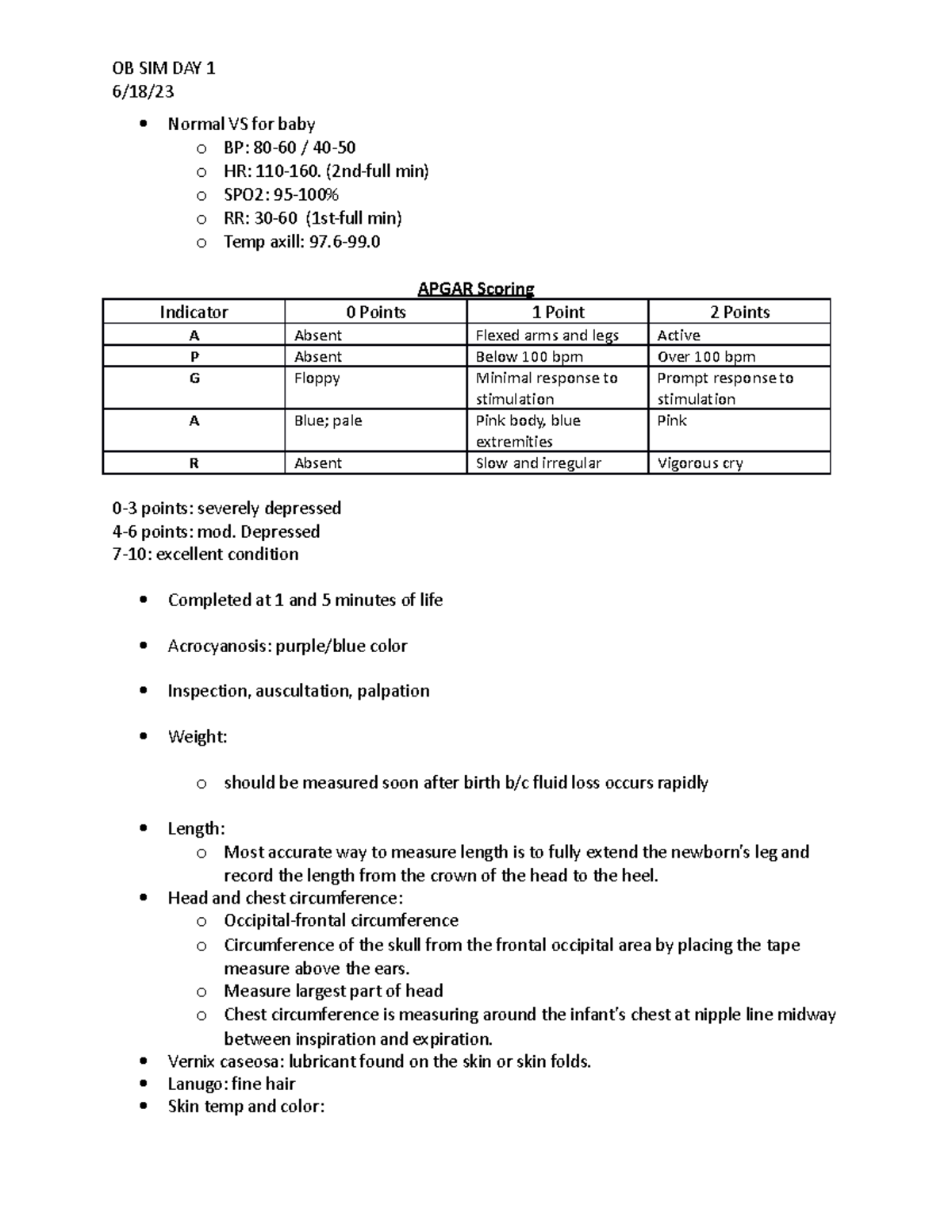 Normal VS for baby - study guide - OB SIM DAY 1 6/18/ Normal VS for ...