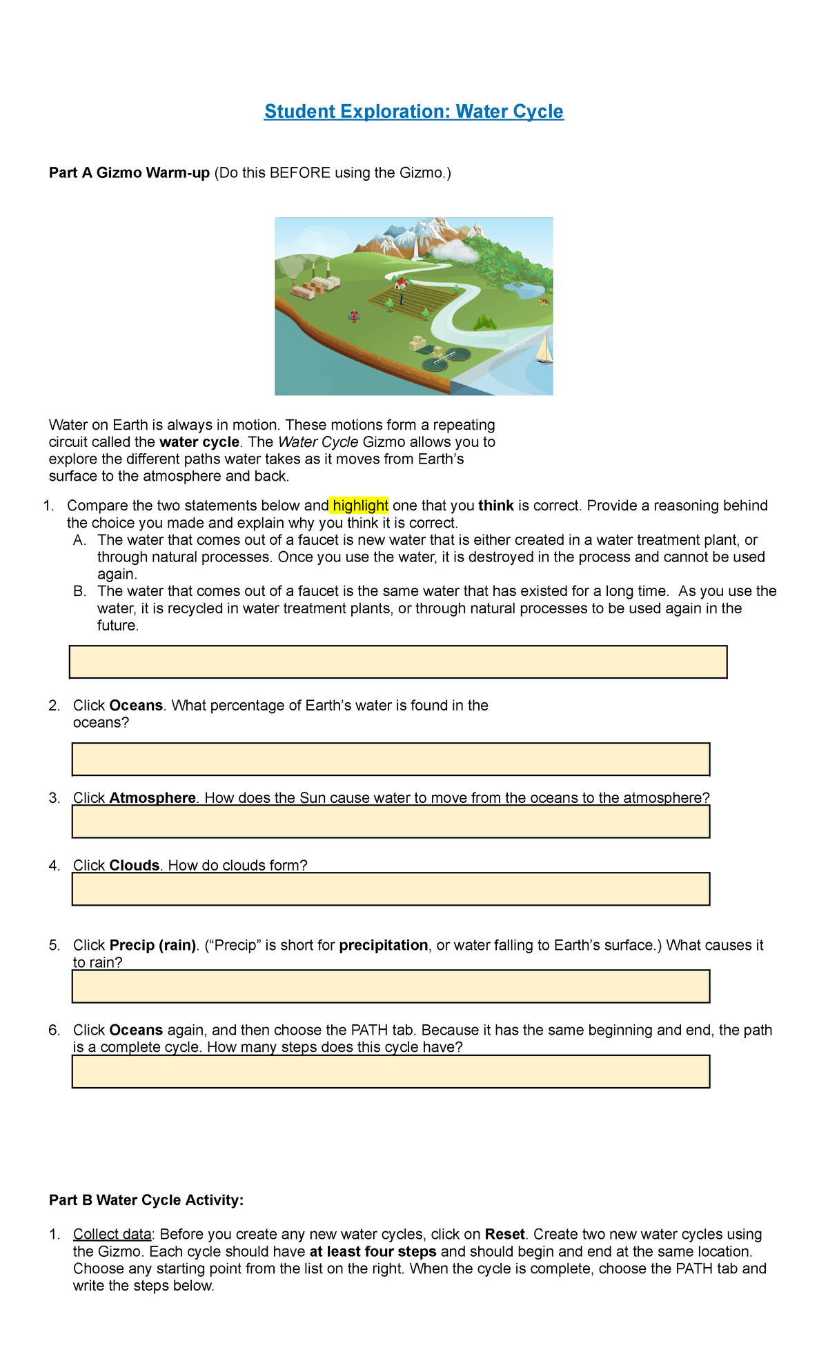 2.04 student Gizmo Water & Carbon Cycle 24-25 - Student Exploration: Water Cycle Part A Gizmo ...