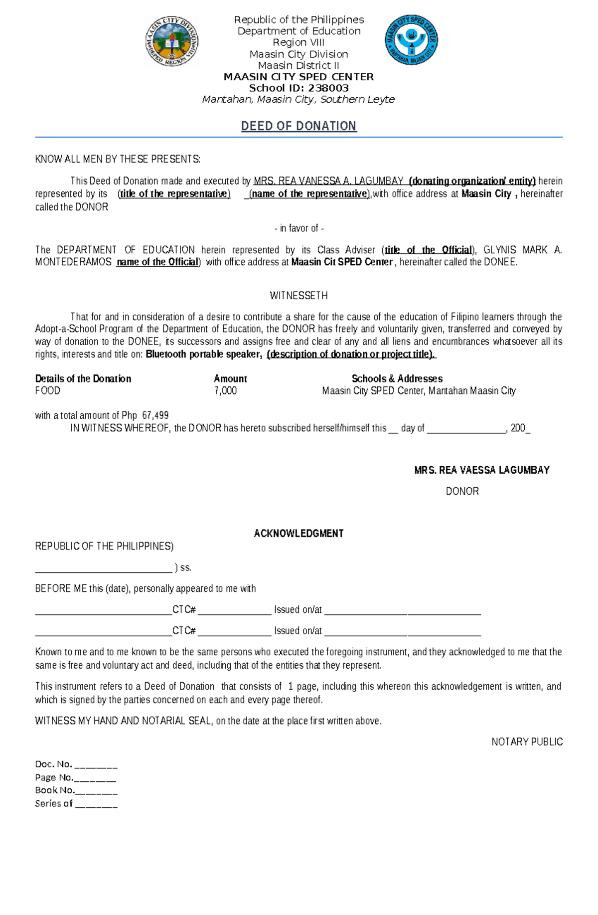 MCSC DEED OF Donation and Acceptance - Department of Education Region ...