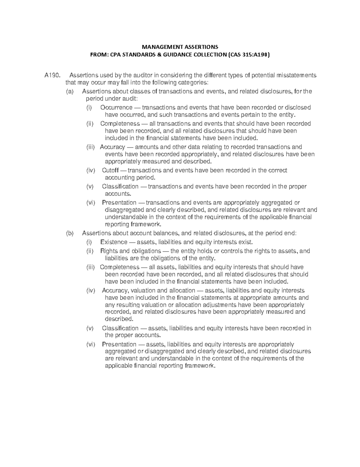 Management Assertions - MANAGEMENT ASSERTIONS FROM: CPA STANDARDS & GUIDANCE COLLECTION (CAS ...