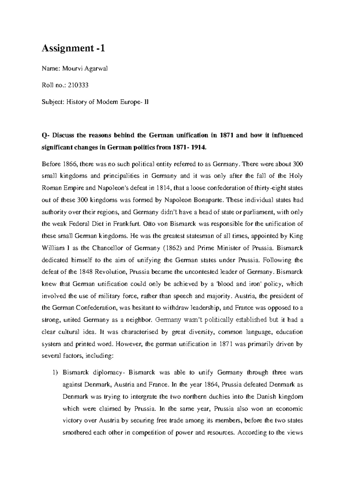 Assignment 1 german unification - Assignment - 1 Name: Mourvi Agarwal ...