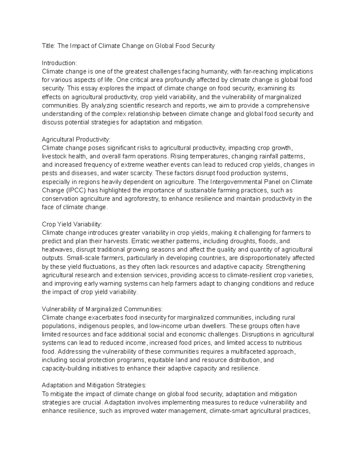 Title The Impact of Climate Change on Global Food Security - Title: The ...