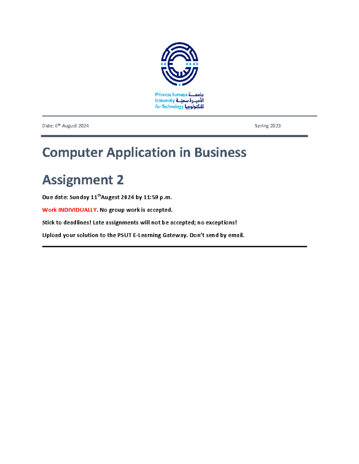 Assignment 2-Excel Instructions(Summer) - computer applications - Date: 6 th August 2024 Spring ...