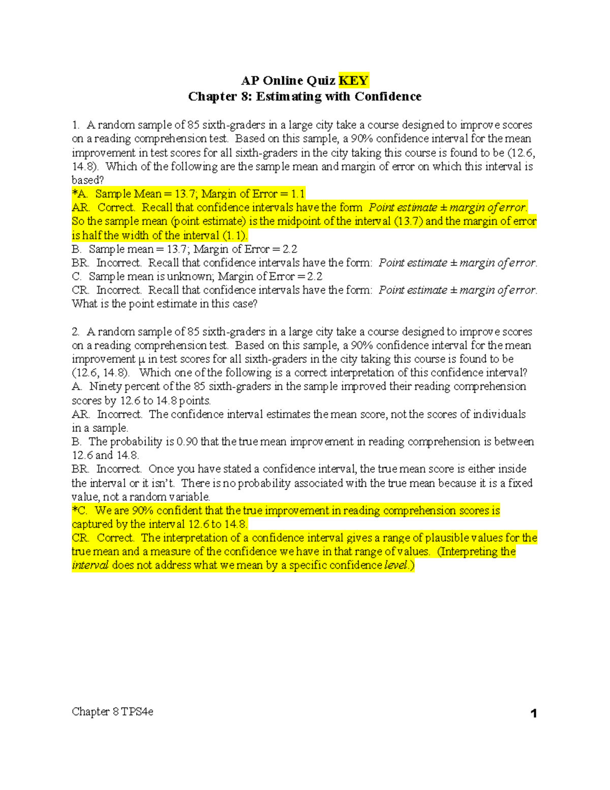 Ap ch 8 online quiz key - AP Online Quiz KEY Chapter 8: Estimating with ...