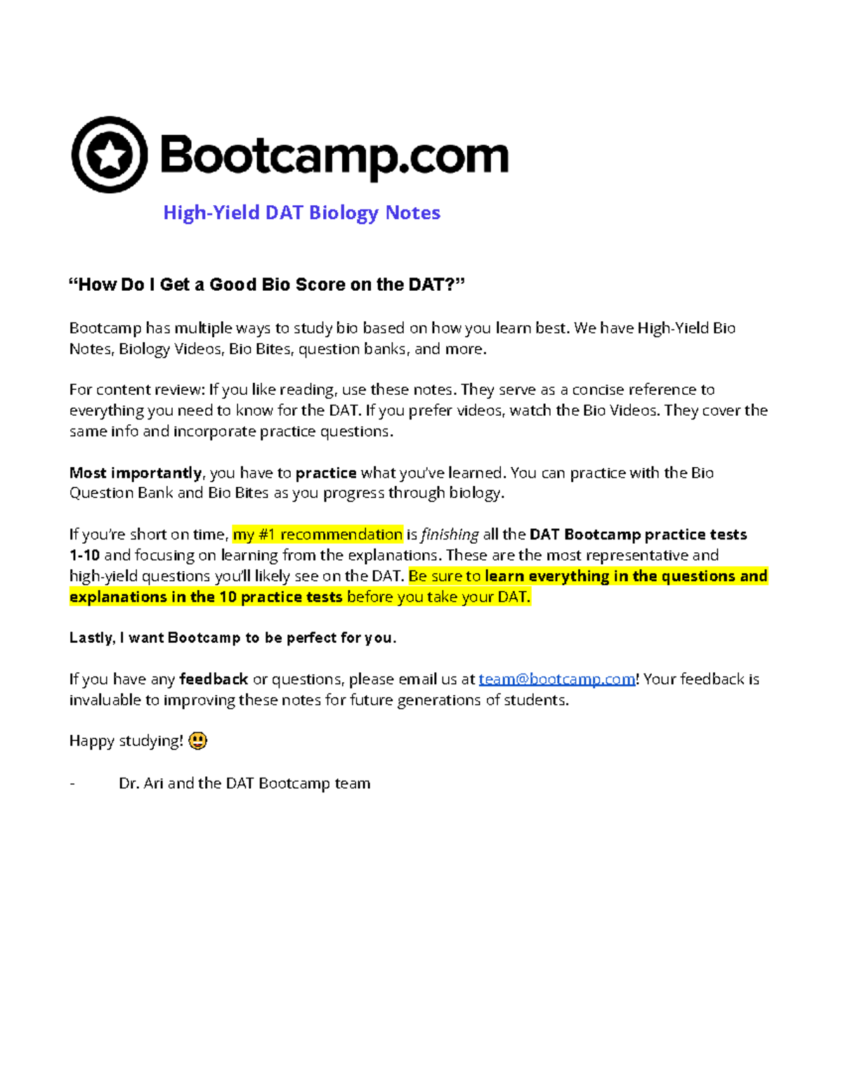 DAT Bootcamp High-Yield Biology Notes - High-Yield DAT Biology Notes ...