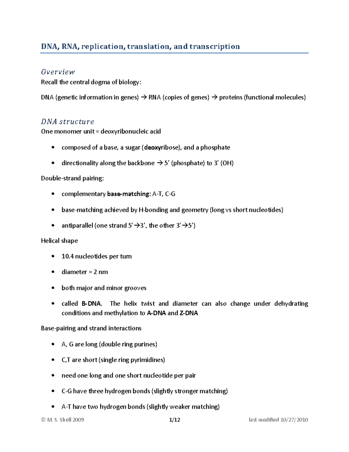 DNA vs RNA-notes - DNA, RNA, replication, translation, and ...