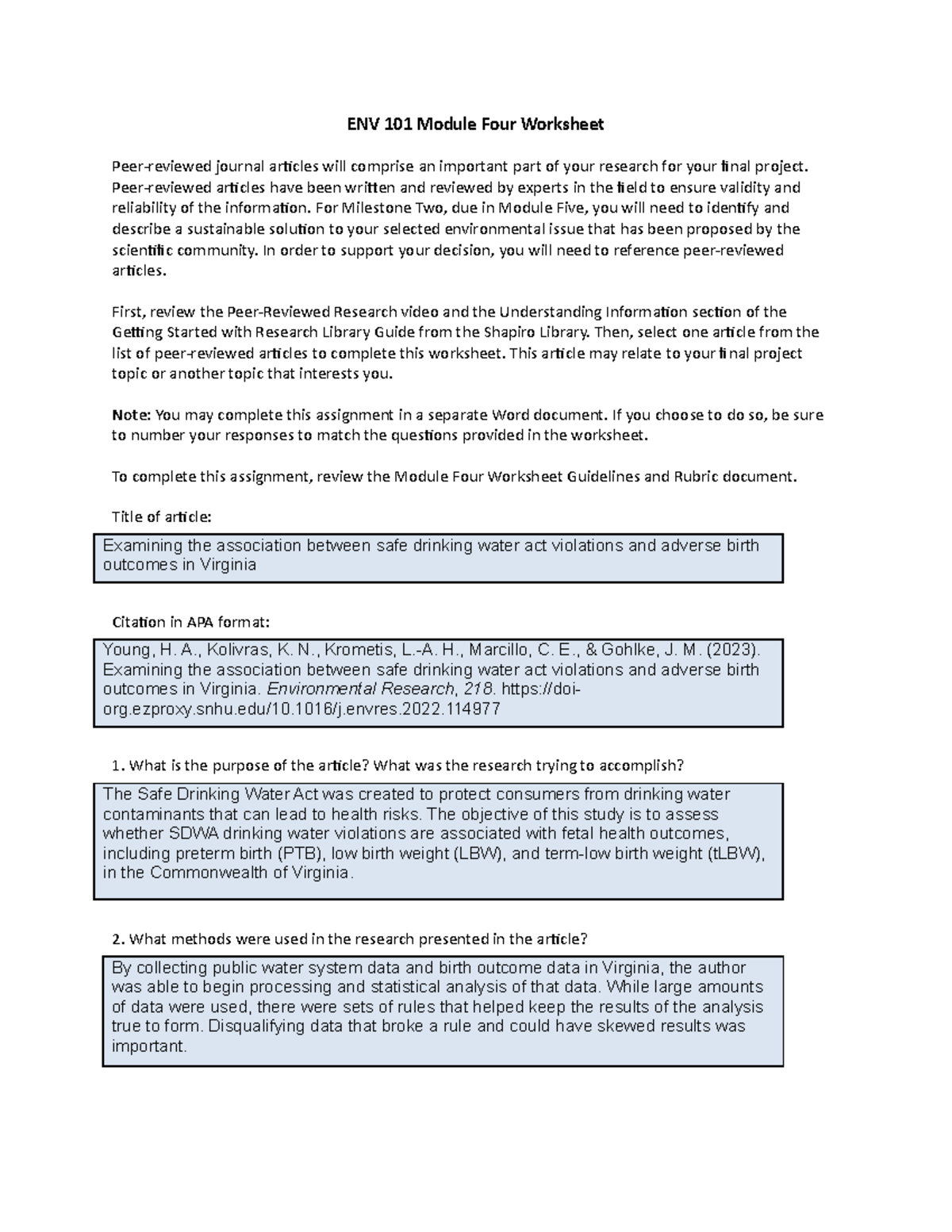 ENV 101 Module Four Worksheet - ENV 101 Module Four Worksheet Peer ...