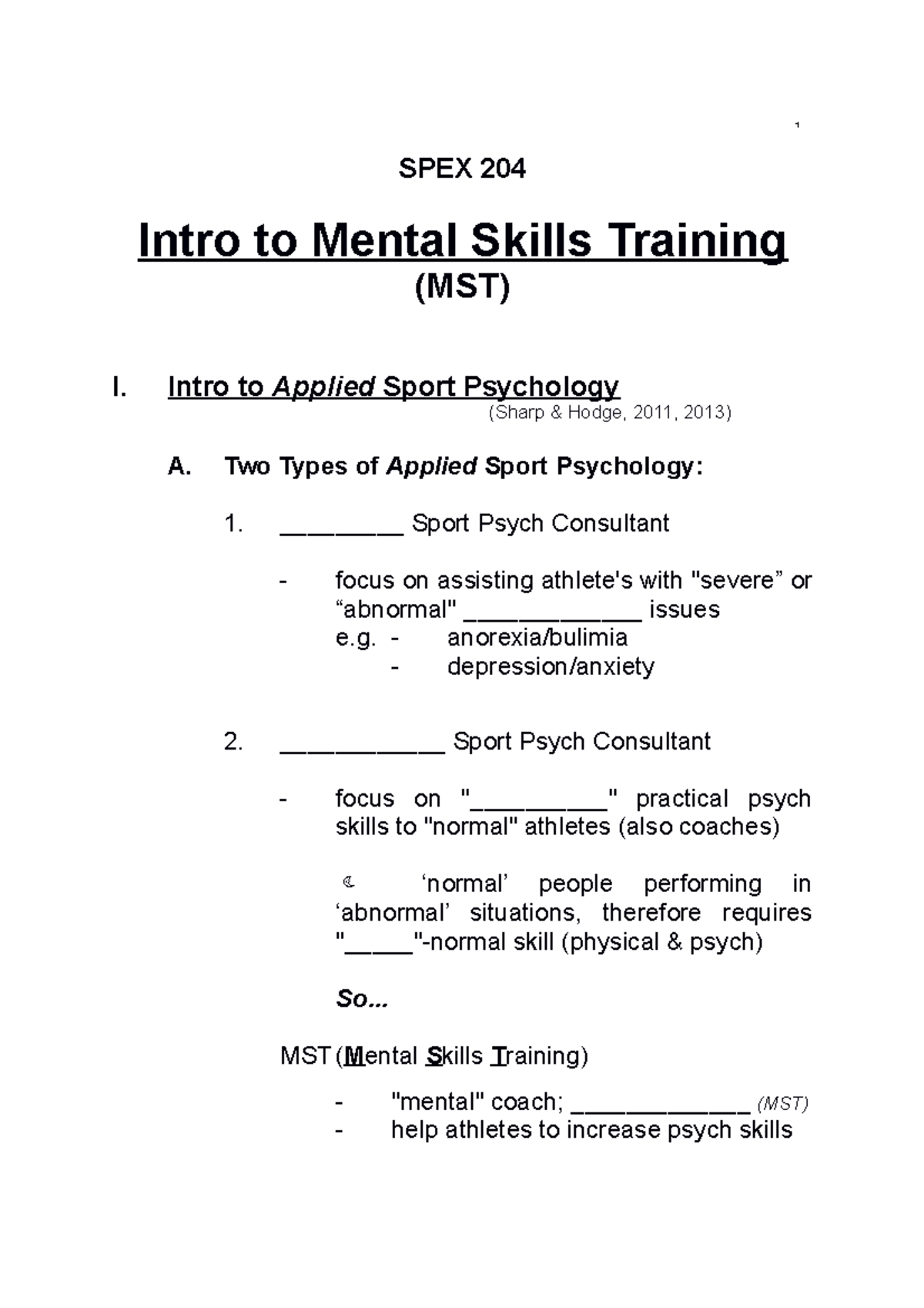 SPEX 204 LEC 14 - Mental Skills Training (MST) BB - SPEX 204 Intro to Mental Skills Training ...