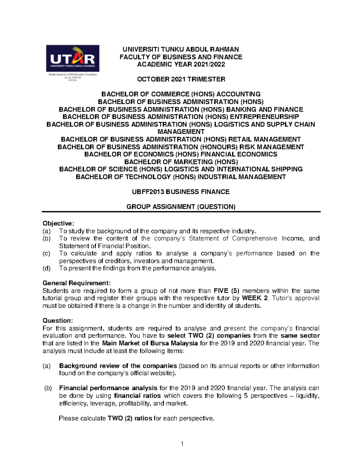 KL Assignment Instructions October 2021 - Business Finance - UTAR - Studocu