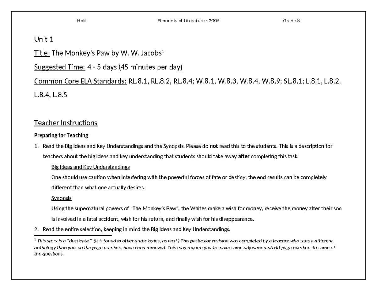 8. The Monkey's Paw. lesson - Anthology - Unit 1 Title: The Monkey’s ...