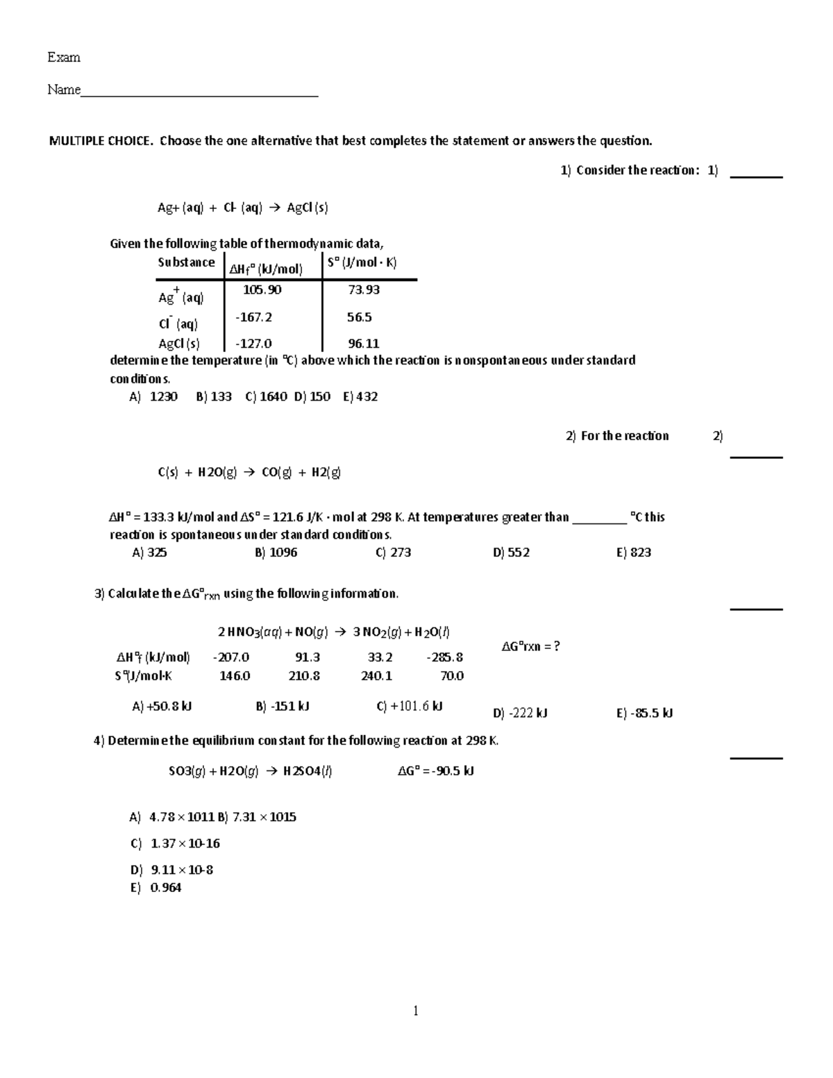 Practiceg gibbs free energy with answers - Exam Name ...