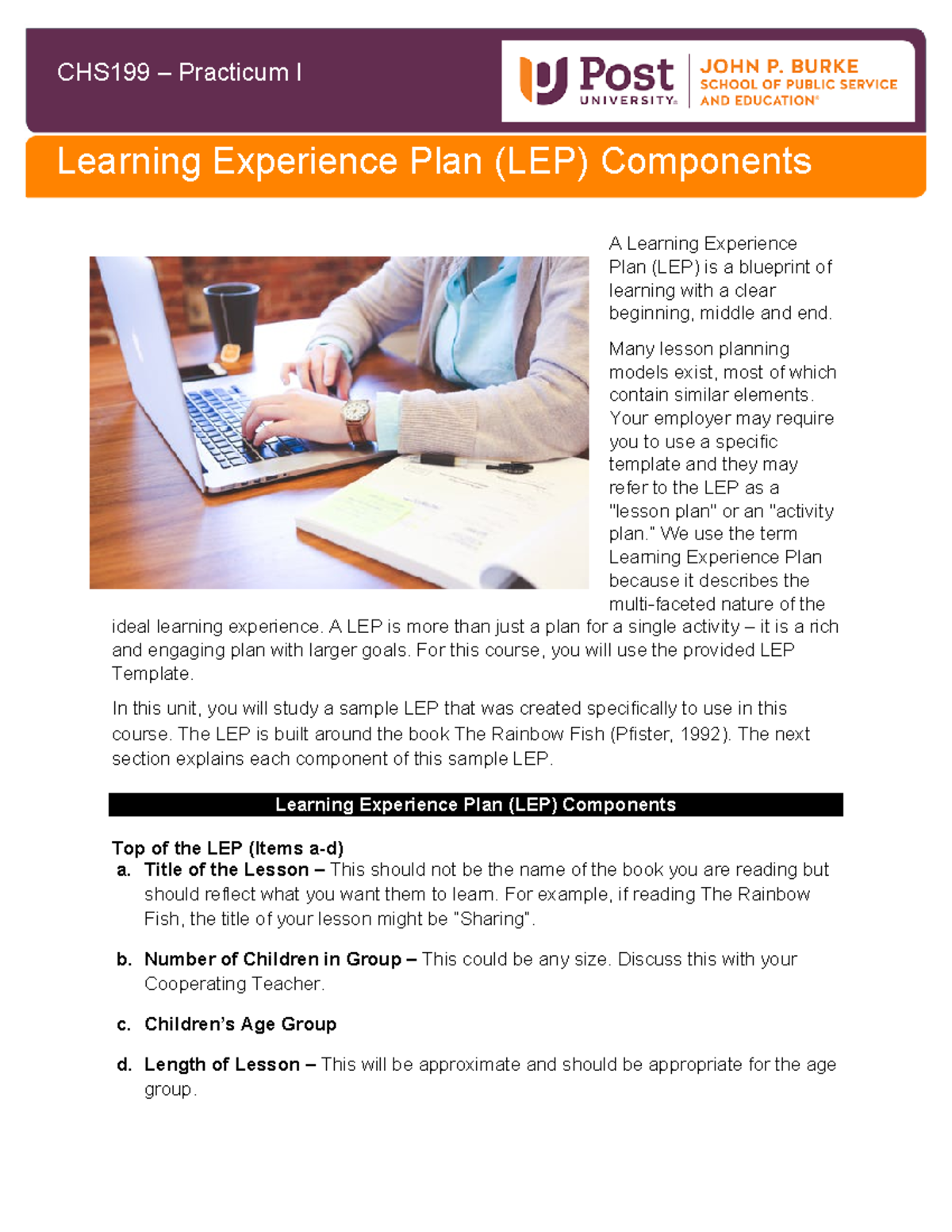 CHS199 LEP Components Overview - A Learning Experience Plan (LEP) is a ...