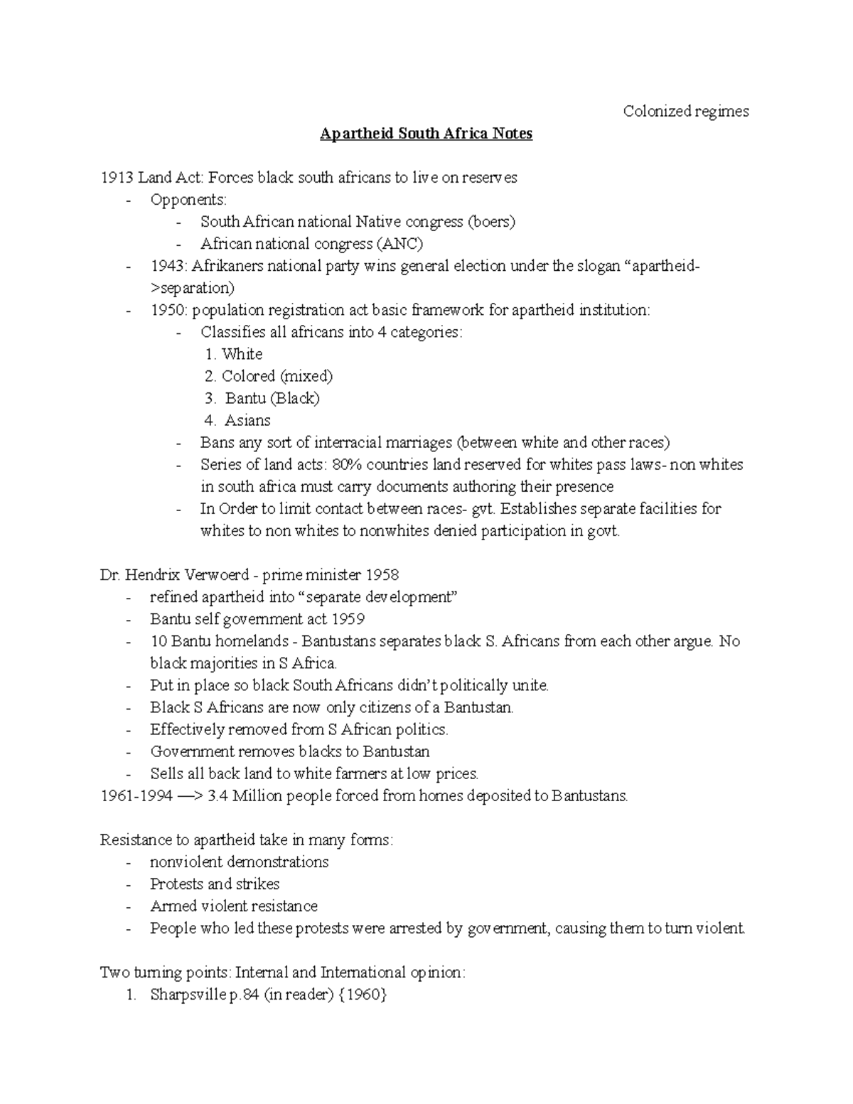 Apartheid South Africa Notes - Colonized regimes Apartheid South Africa ...