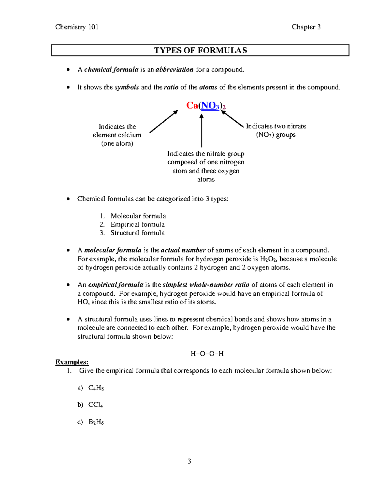 Title 3 - biology - Chemistry 101 Chapter 3 3 TYPES OF FORMULAS A ...
