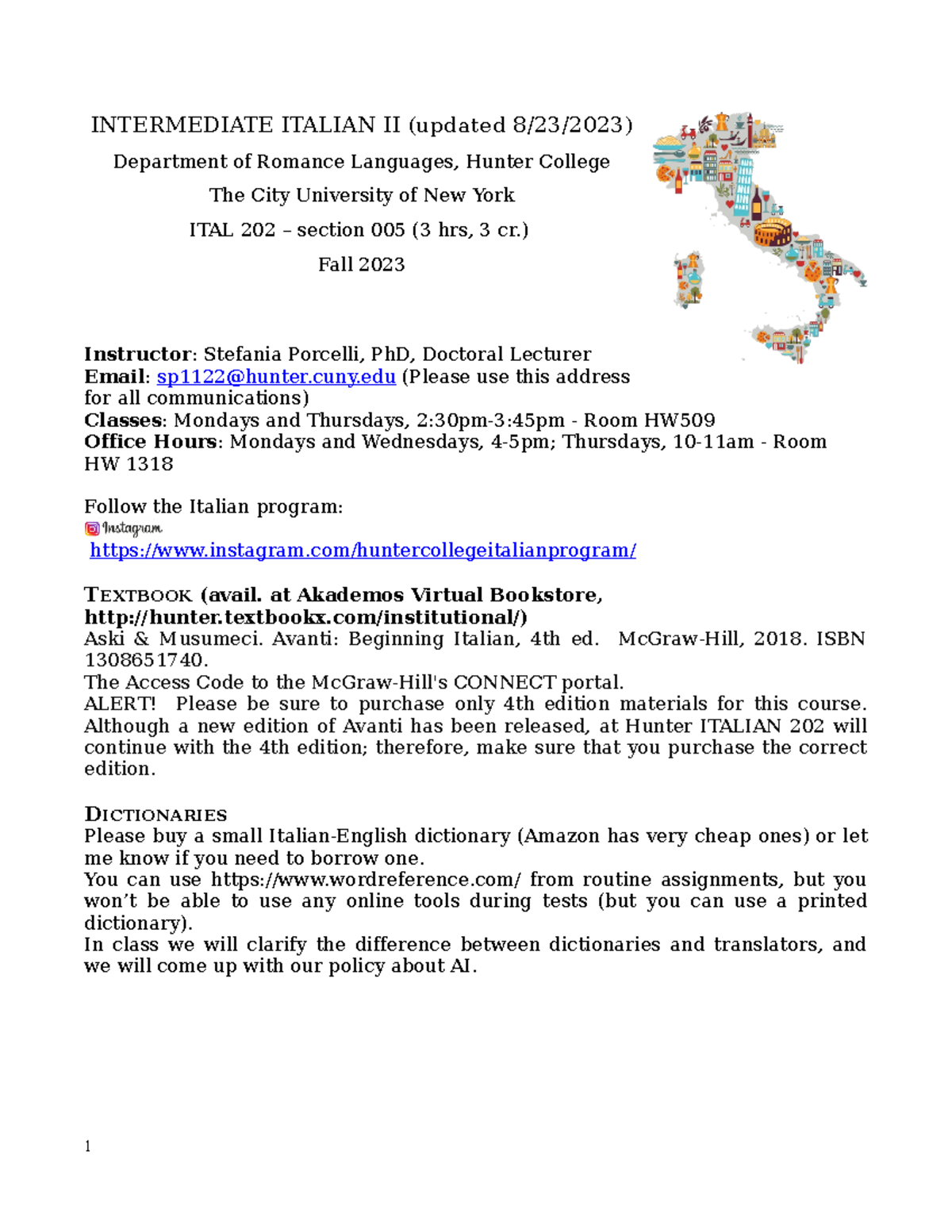 Syllabus Ital 202 - Porcelli - INTERMEDIATE ITALIAN II (updated 8/23 ...