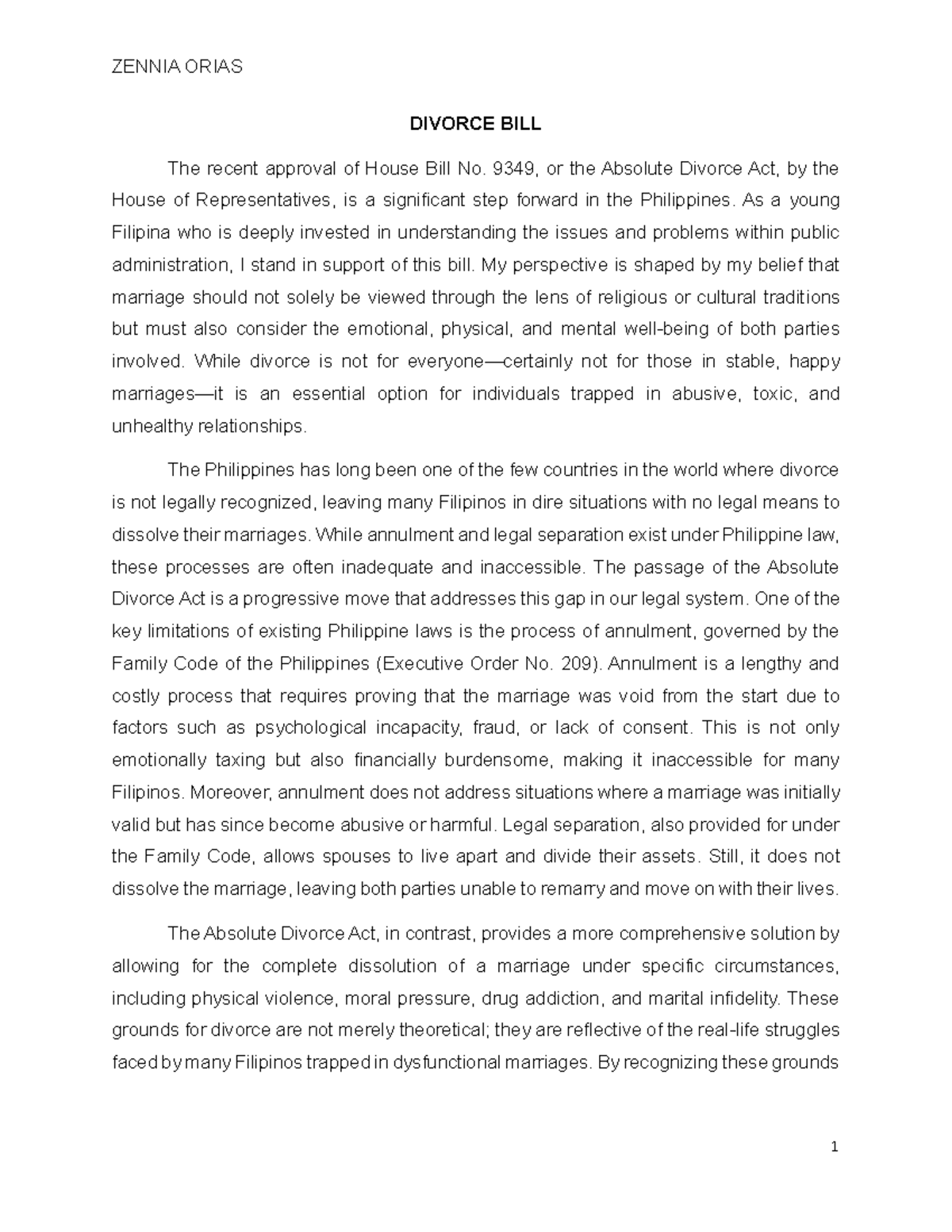 MPA 205 Summer Class - DIVORCE BILL The recent approval of House Bill ...